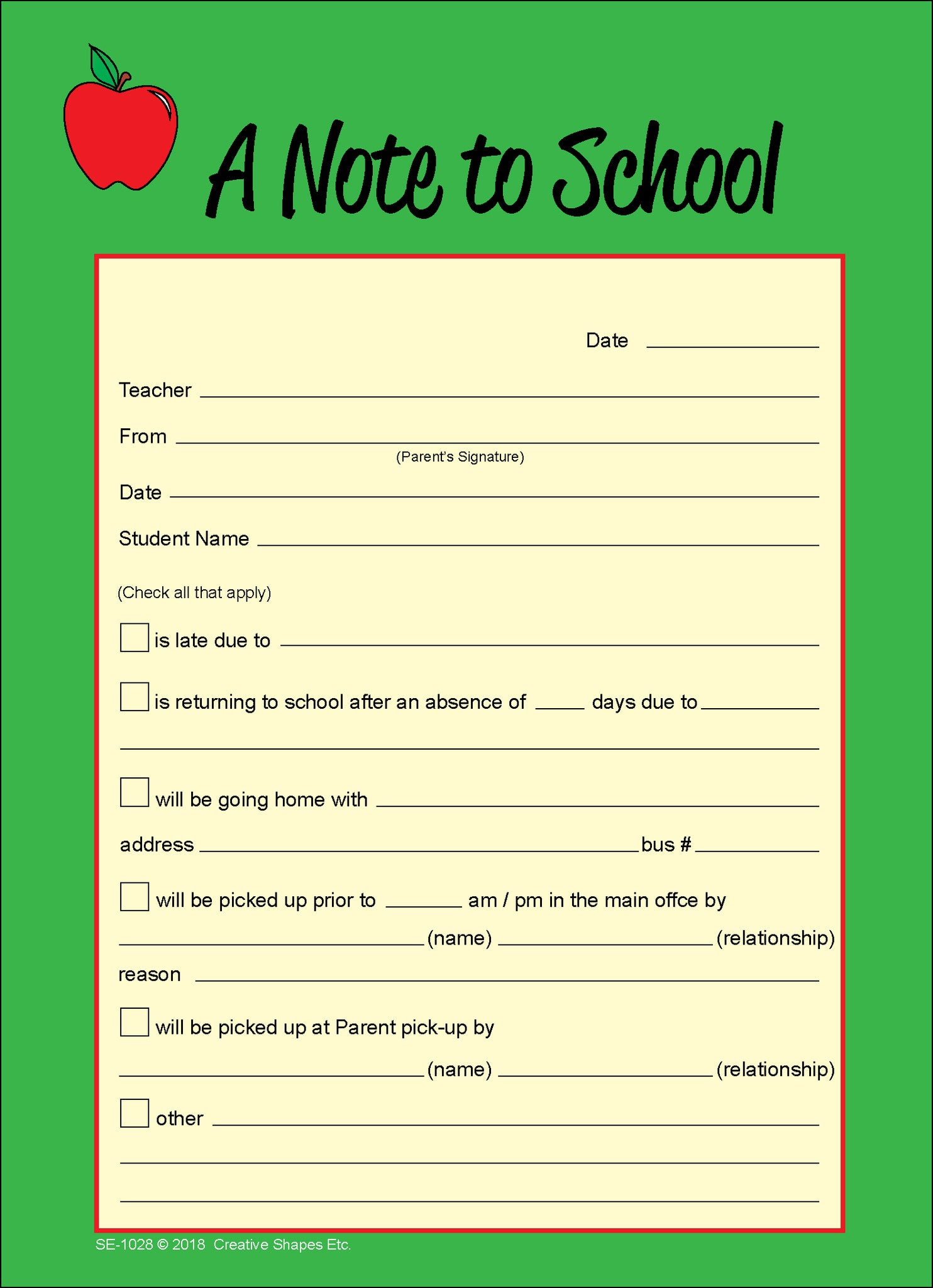 Note to Parents Template and Teacher Notes for School Communication